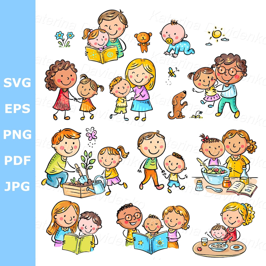 Family Activities Clipart Set. Parents With Children Reading Book ...