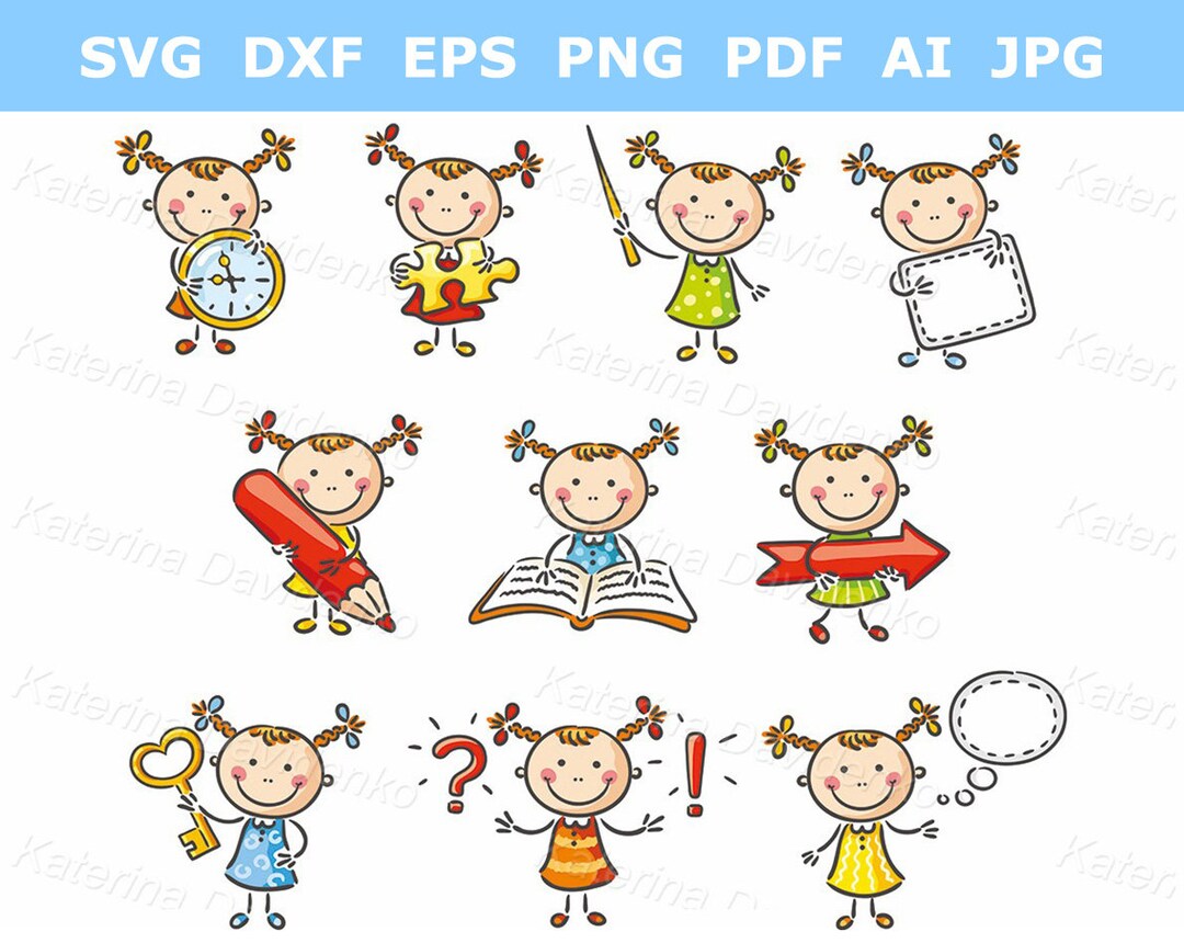 Cartoon Kid Clipart Set. Doodle Little Girl With Different Objects and ...