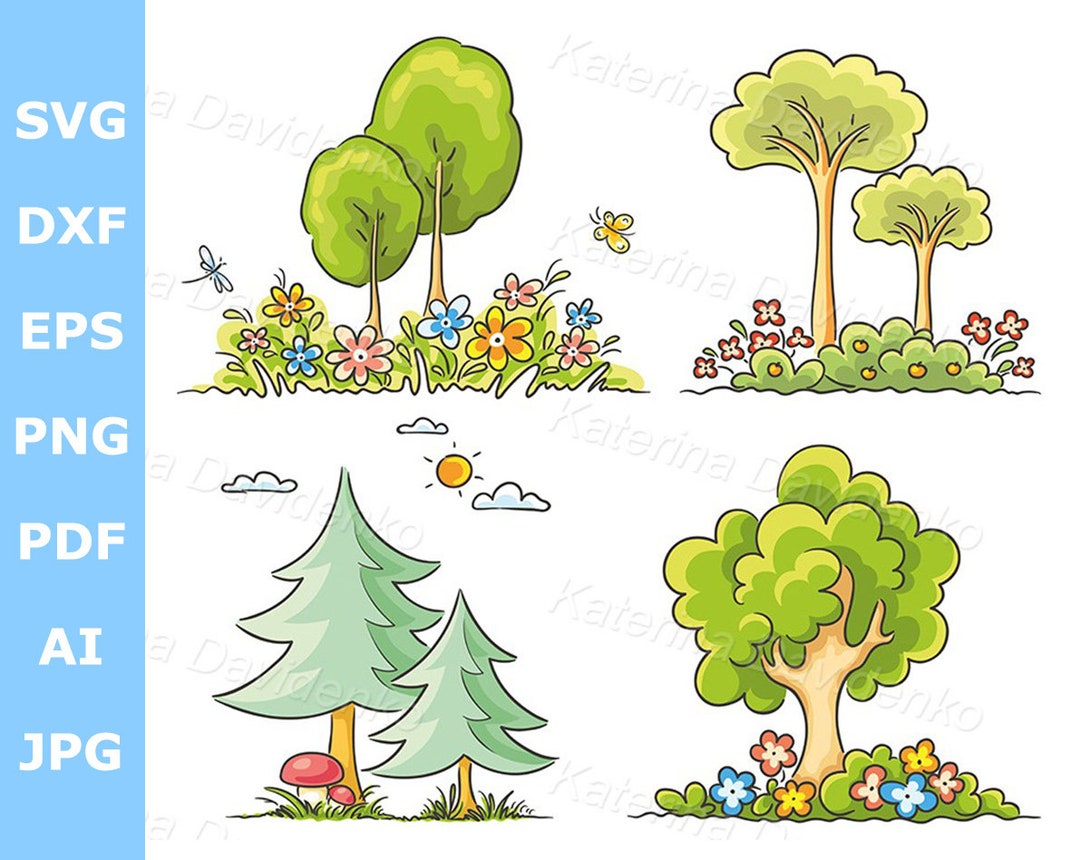 Set of Different Cartoon Trees With Flowers, Nature Clipart Set - Etsy