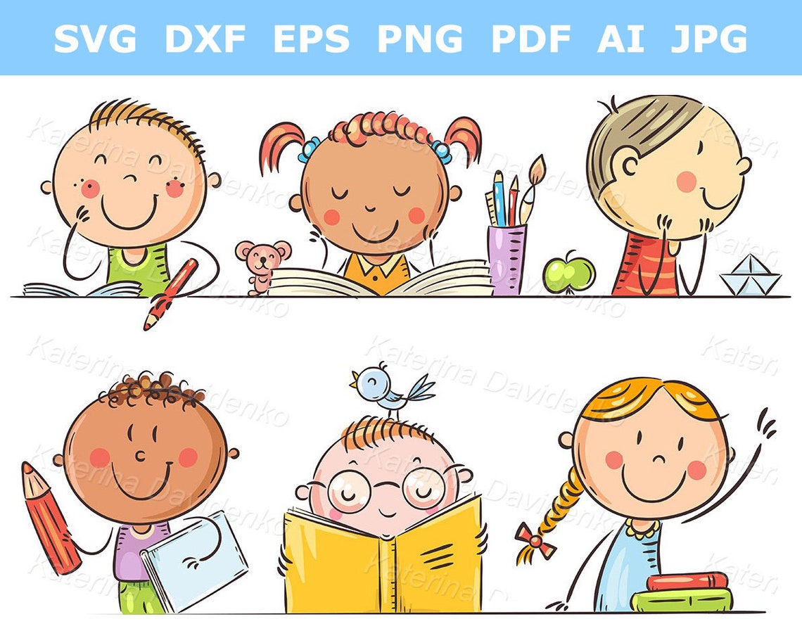 School Kids Clipart. Cartoon Kids in the Classroom at School Sitting at ...