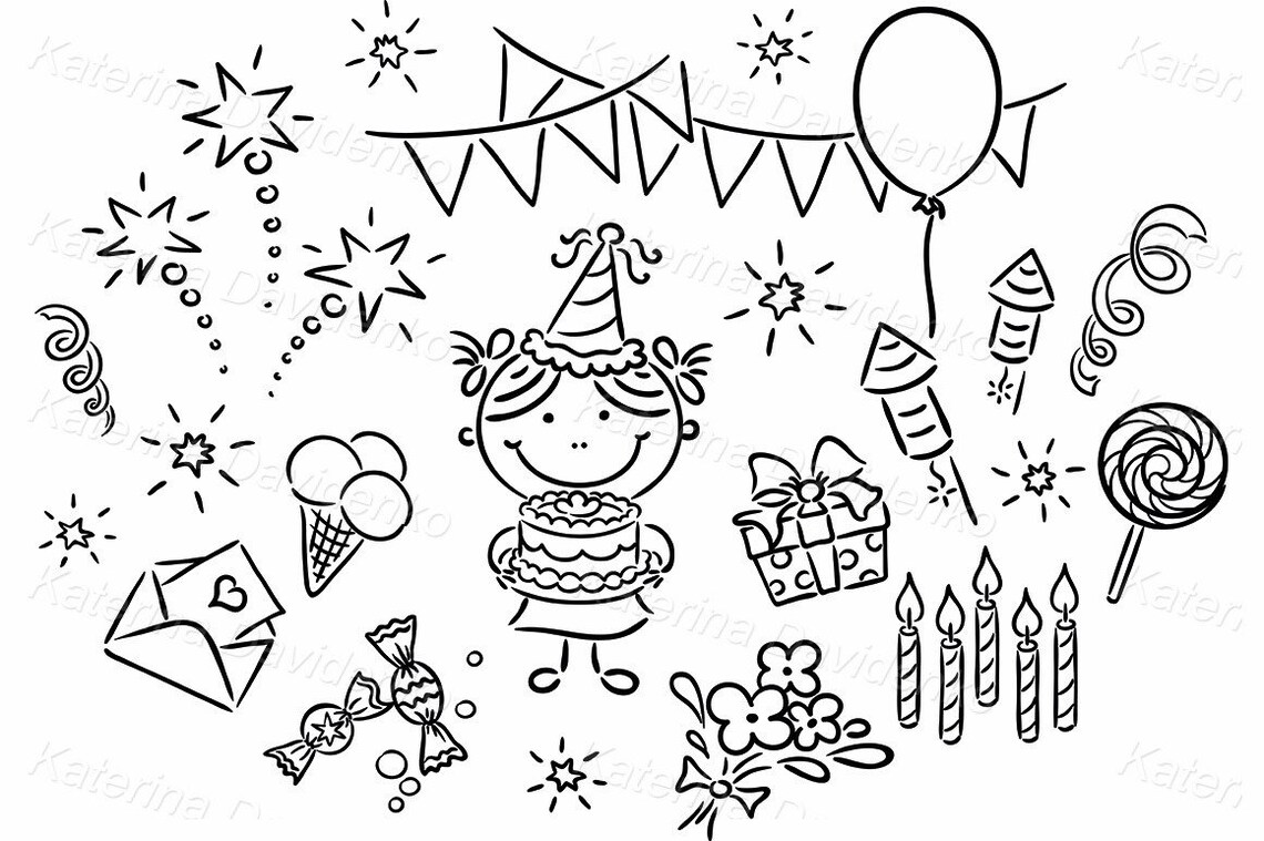 Kid Birthday Clipart Set. Happy Little Girl Having Birthday. Party ...