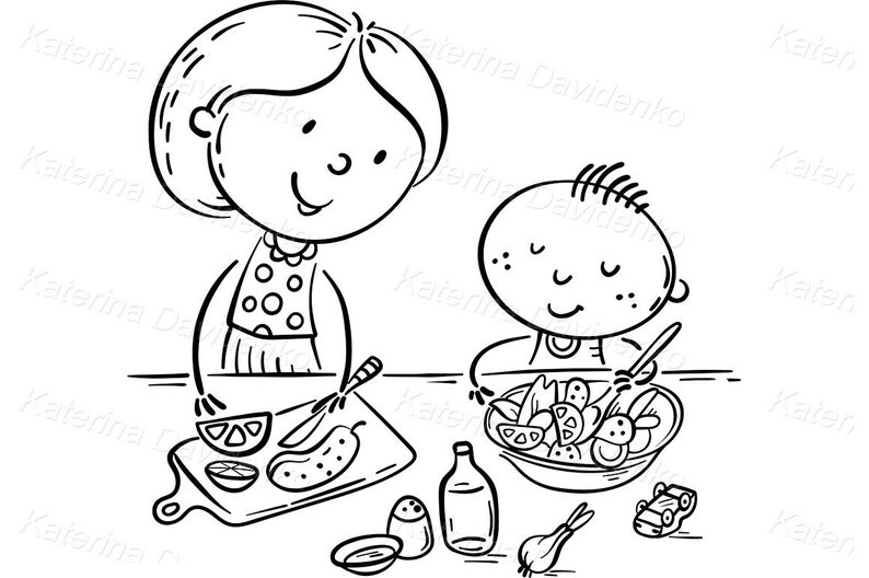 Family Cooking Cartoon Clipart. Healthy Eating Kids Art. Parent Child ...