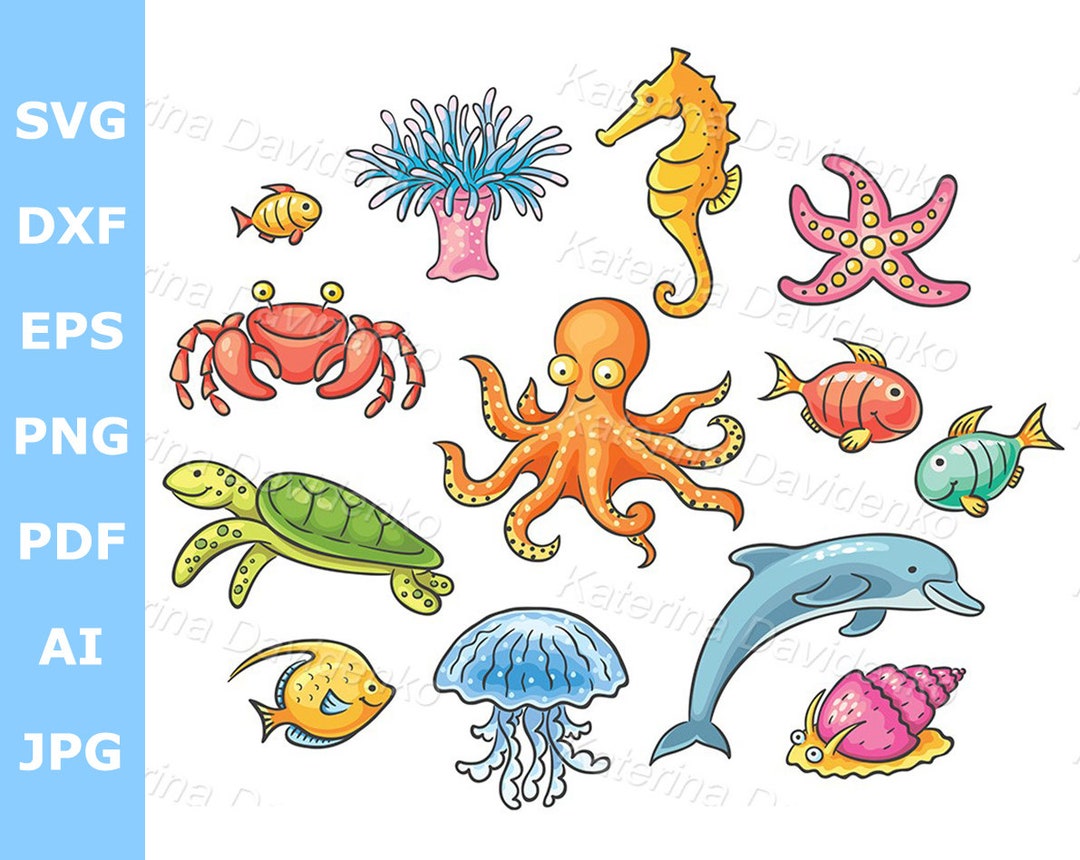 Set of Cartoon Sea Animals Clipart, Ocean Animals Clip Art, Digital ...