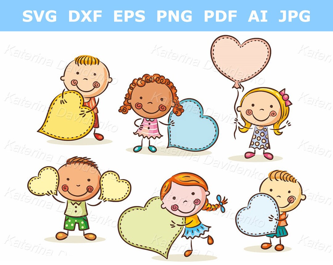 Valentine's Day Cartoon Clipart. Happy Kids With Blank Signs in the ...
