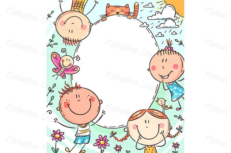 Cartoon Children Clipart Oval Frame With Happy Doodle Kids - Etsy