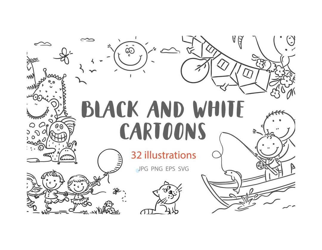 Black and White Cartoon Kids Clipart. Stick Figure, Doodle Kids Bundle ...