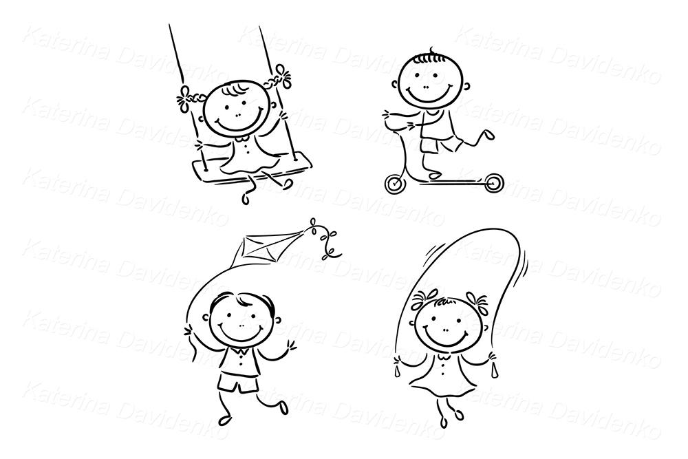 Doodle Kids Clipart. Happy Cartoon Kids Summer Outdoor Activities ...