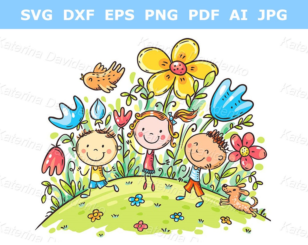 Cute Children and Flowers Scene for Wall Art, Kids Book. Cartoon Doodle ...