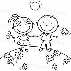 Cartoon Kids Walking in the Meadow. Doodle Kids on the Hill. Happy ...