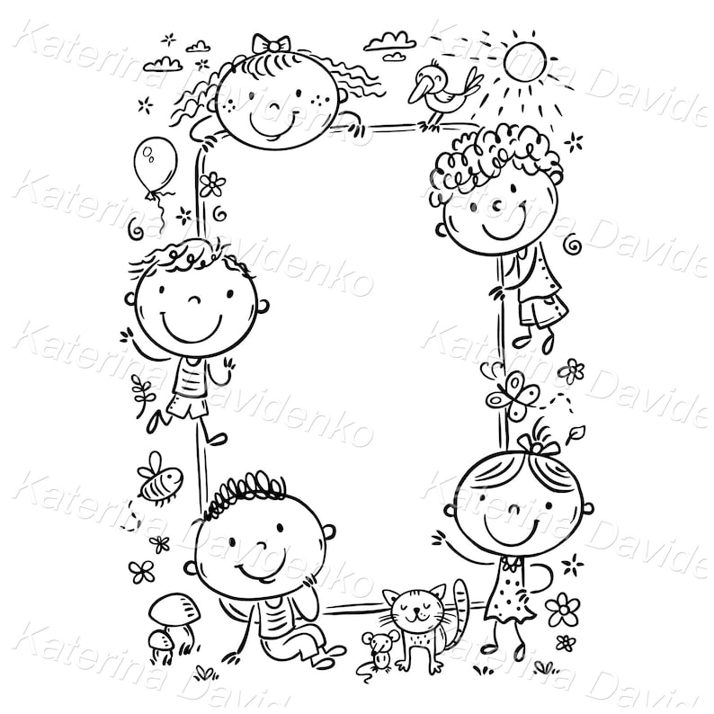 Happy Cartoon Kids Vertical Frame Clipart, Doodle Kids Clipart. Hand ...