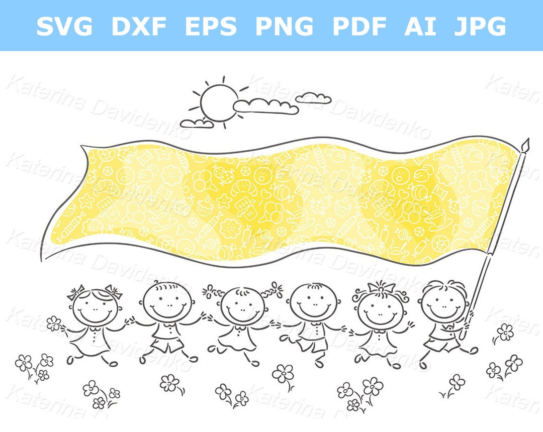 Doodle Kids Holding a Big Flag With Copy Space. Happy Cartoon Kids ...