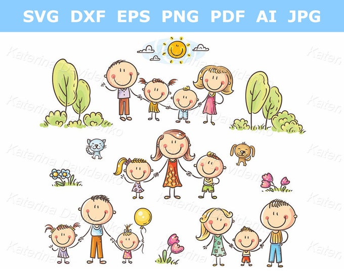 Cartoon Doodle Parents Hugging Kids, Mother and Father Embrace Their ...