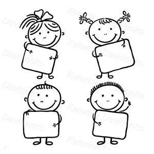 Doodle Cartoon Kids With Blank Signs. Stick Figure. Children Holding ...