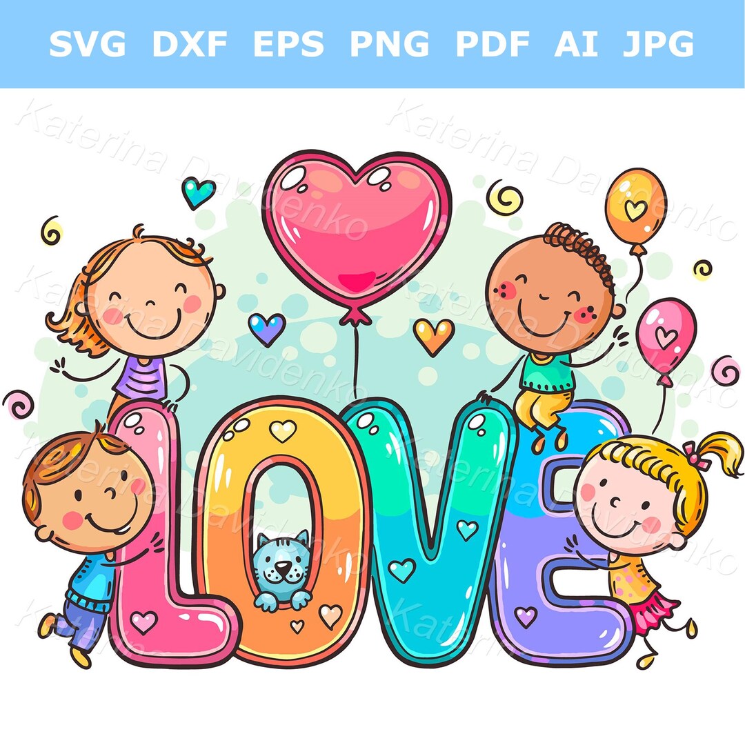 Happy Children's Day Clipart. Doodle Kids With Love Lettering. Hand ...