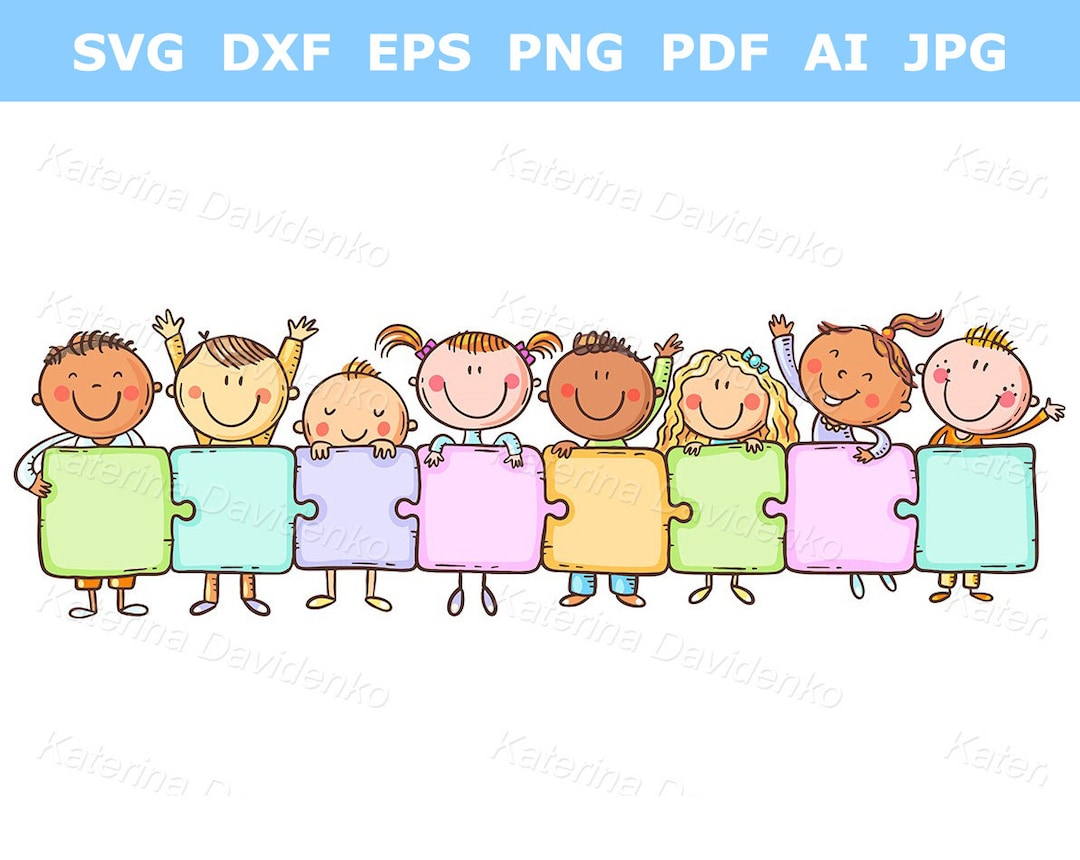 Cartoon Happy Kids Standing in a Row With Puzzle Tiles With a Copy ...