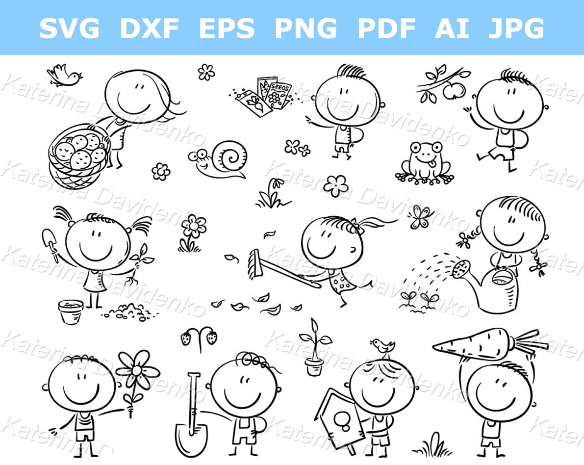 Doodle Cartoon Kids Gardening Clipart. Outline Children Clipart, Stick ...