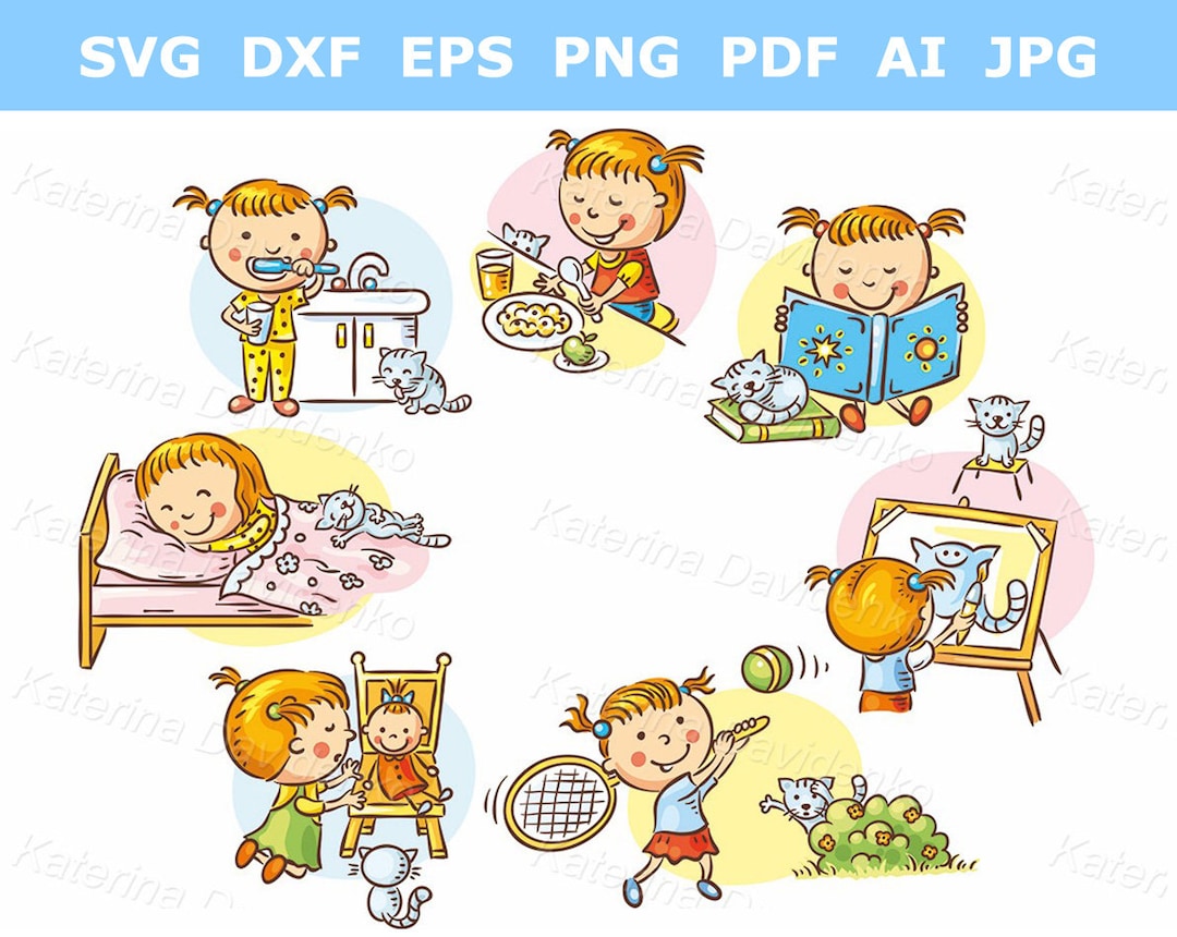 Cute Little Girl Daily Routine. Cartoon Child Daily Activities Clipart ...