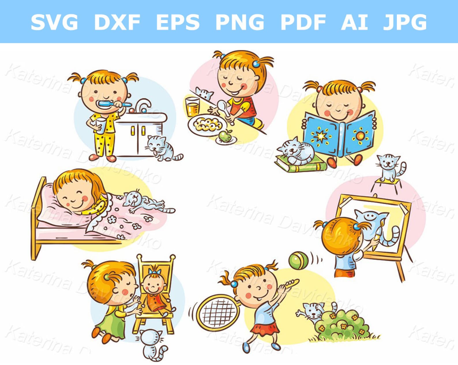 Cute Little Girl Daily Routine. Cartoon Child Daily Activities - Etsy