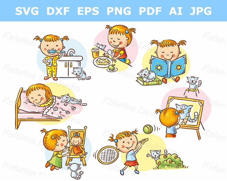 Cute Little Girl Daily Routine. Cartoon Child Daily Activities - Etsy