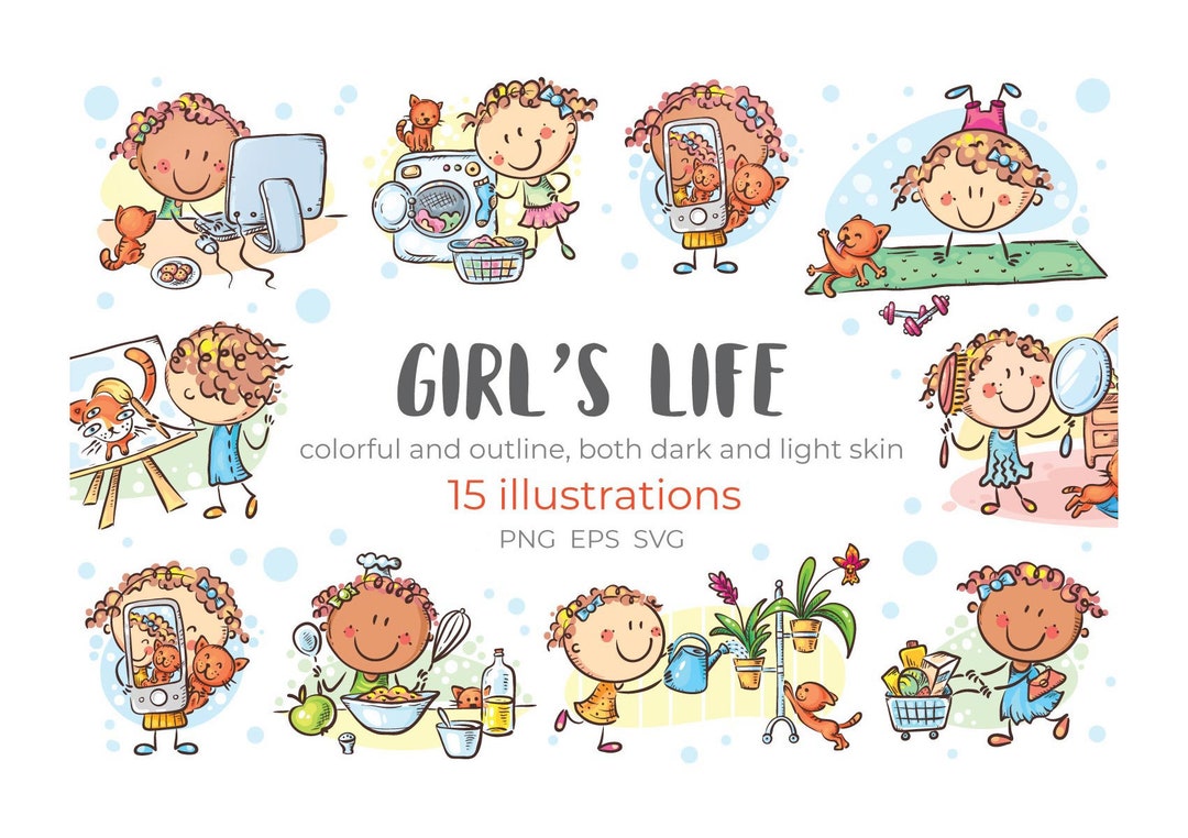 Cartoon Kids Daily Activities Clipart Set. Girl’s Life, Daily Routine ...