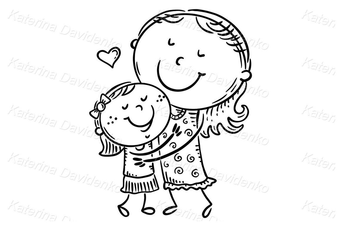 Cartoon Illustration of Mom Hugs Daughter Doodle Family - Etsy