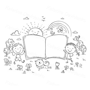 Doodle Kids With Book Frame Clipart Happy Cartoon Kids With Open Book ...