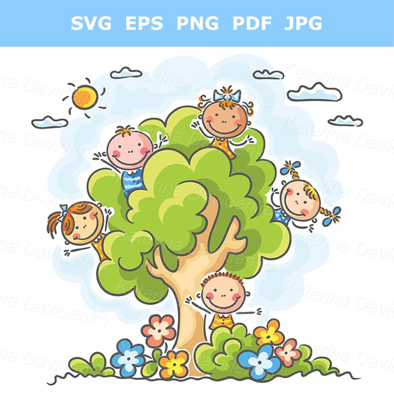 Doodle Kids Clipart. Happy Cartoon Kids Playing on Tree. Vector ...