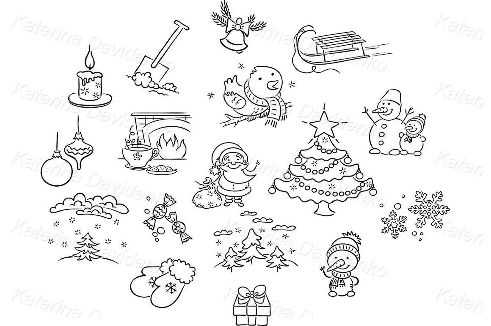 Christmas Cartoon Clipart Set With Santa, Snowmans and Presents. Happy ...