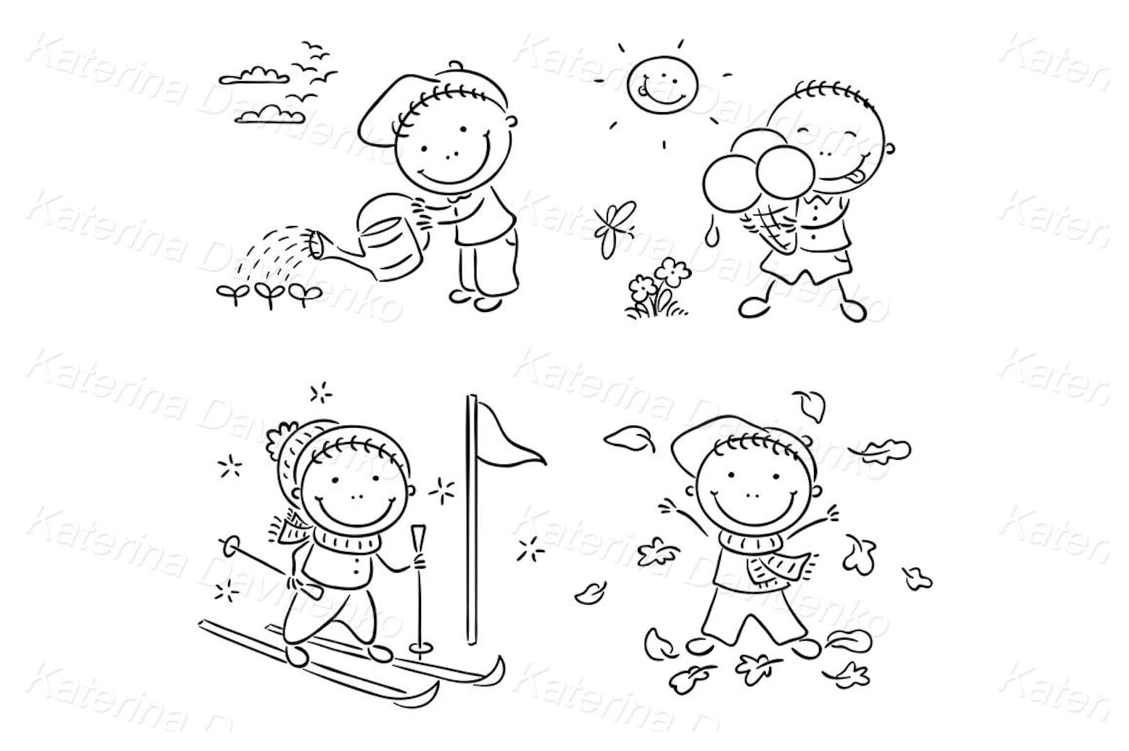 Season Weather Clipart Set. Cartoon Doodle Boy Activities During the ...