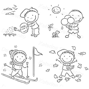 Season Weather Clipart Set. Cartoon Doodle Boy Activities During the ...