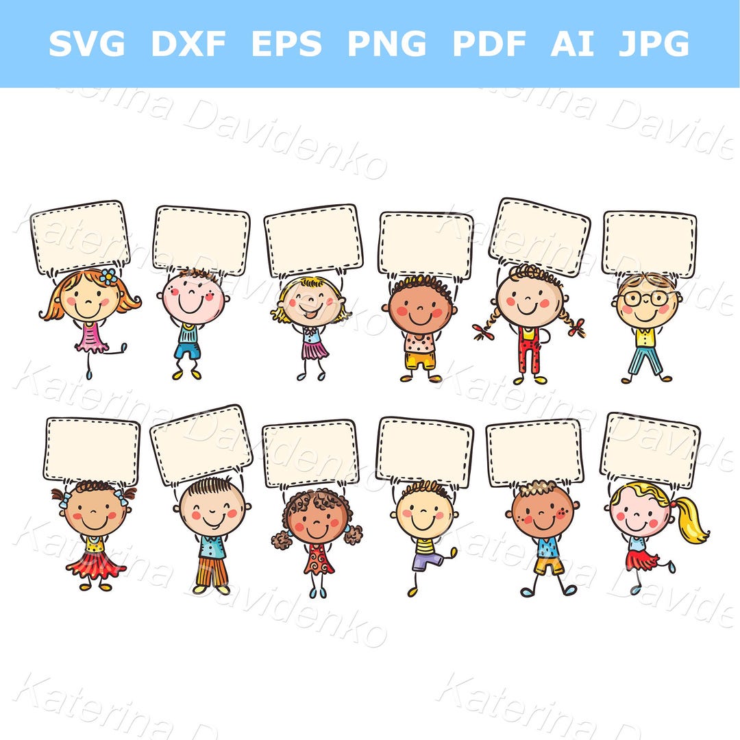 Cartoon Kids Clipart Happy Childrens Holding Blank Signs Banners or ...