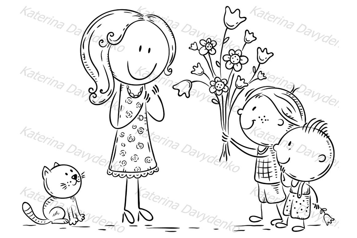 Mother Day Clipart. Cartoon Family Clipart. Kids Presenting Flowers to ...
