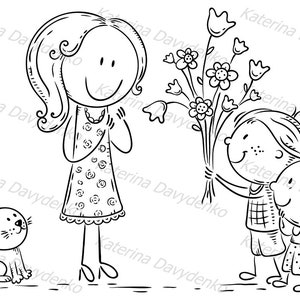 Mother Day Clipart. Cartoon Family Clipart. Kids Presenting Flowers to ...