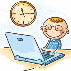 Little Cartoon Kid in Glasses at the Computer. Cute Child Working on a ...
