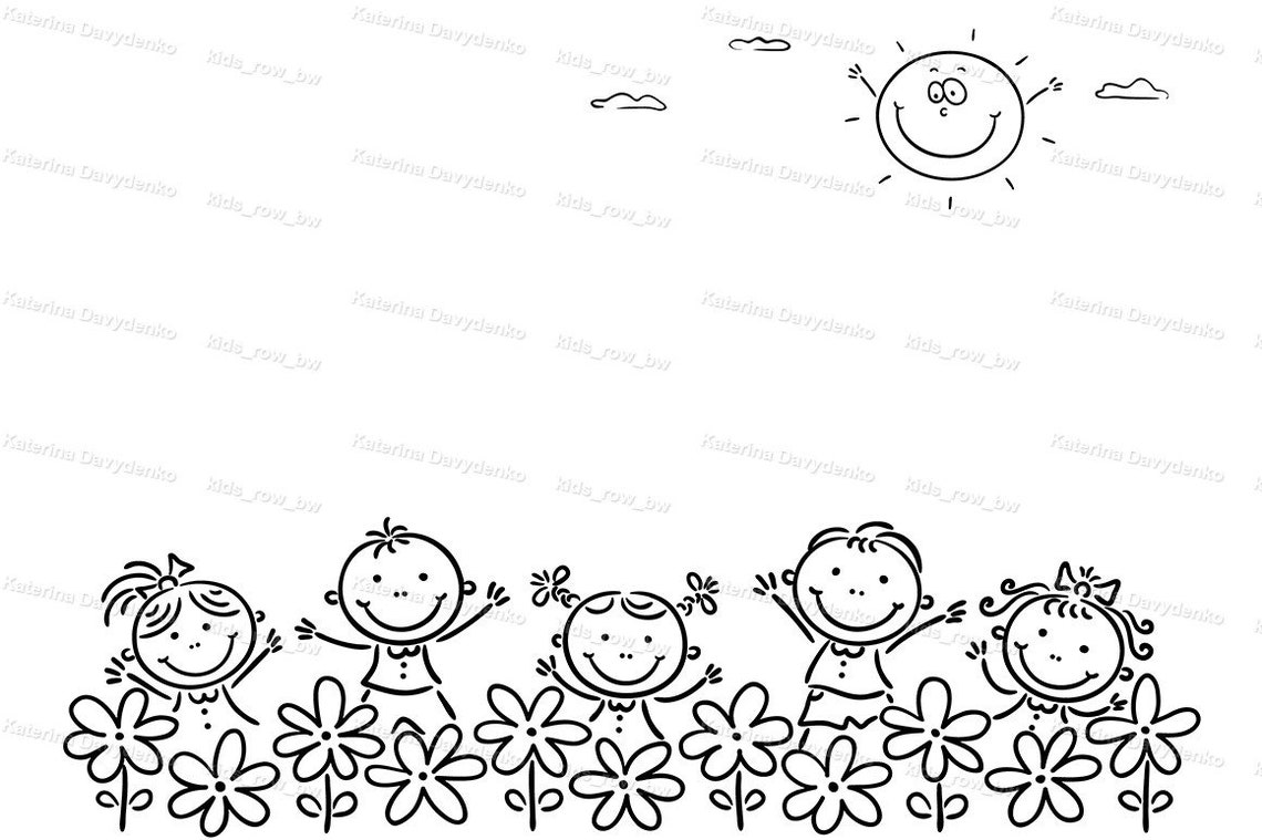 Happy Kids Clipart. Doodle Children Outdoors Activity, Cartoon ...