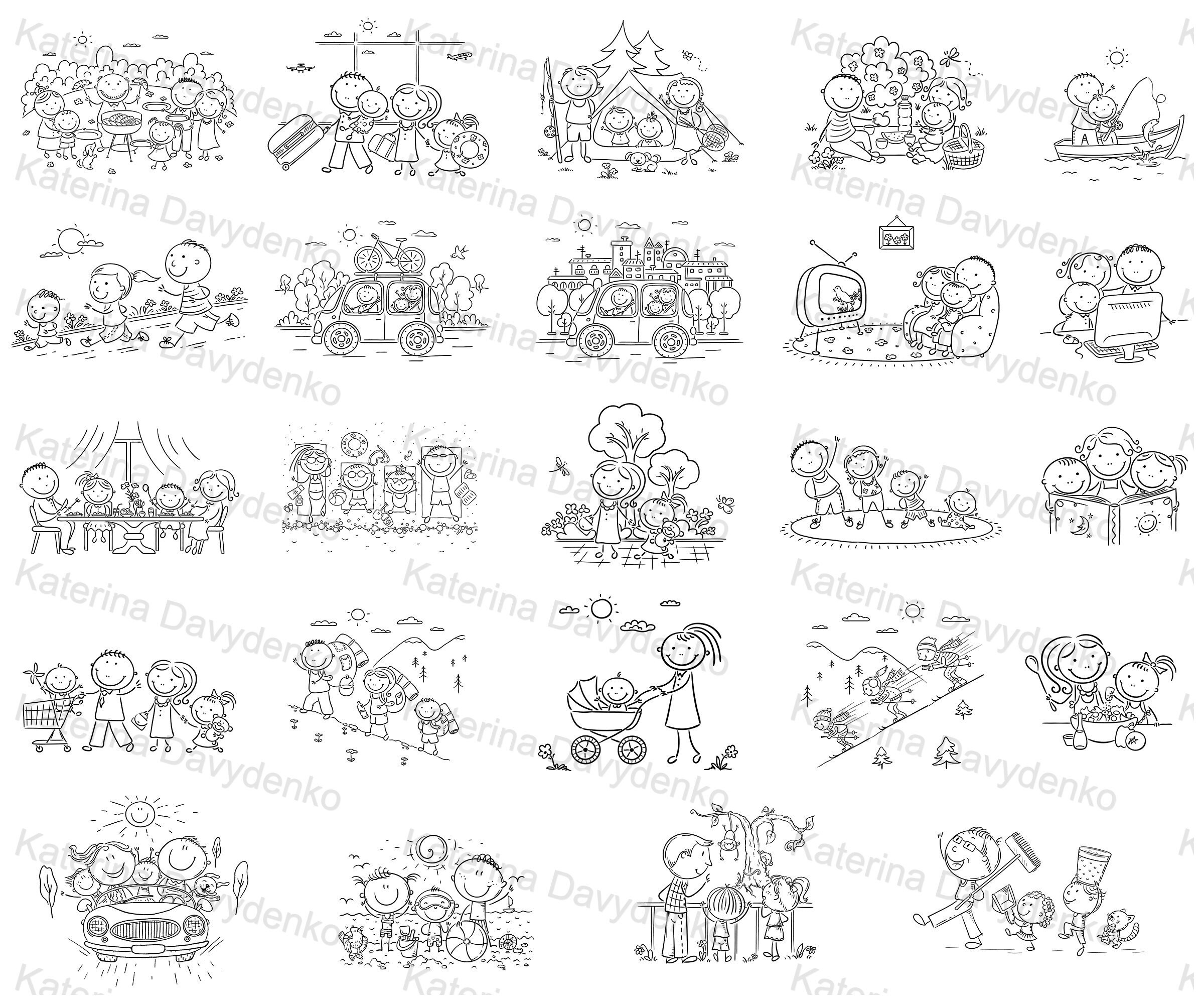 Cartoon Family Activities Bundle. Happy Doodle Family Clipart, Parents ...