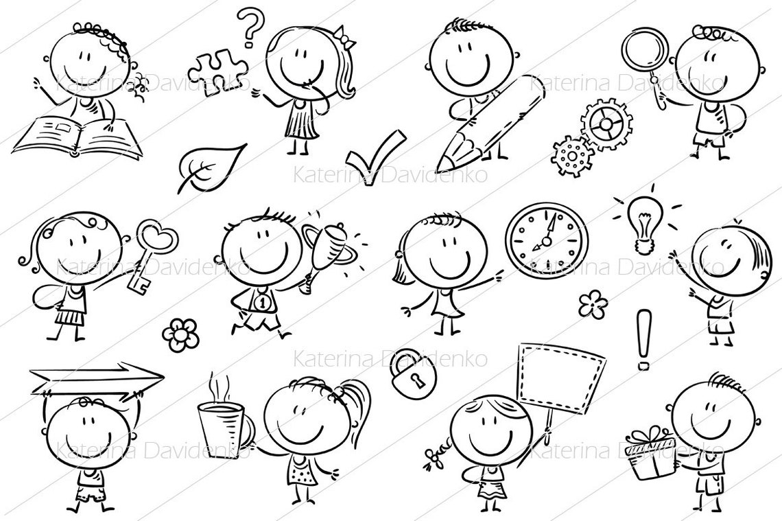 Happy Cartoon Kids Clipart Set. Children With Symbols. Kids With Clock ...