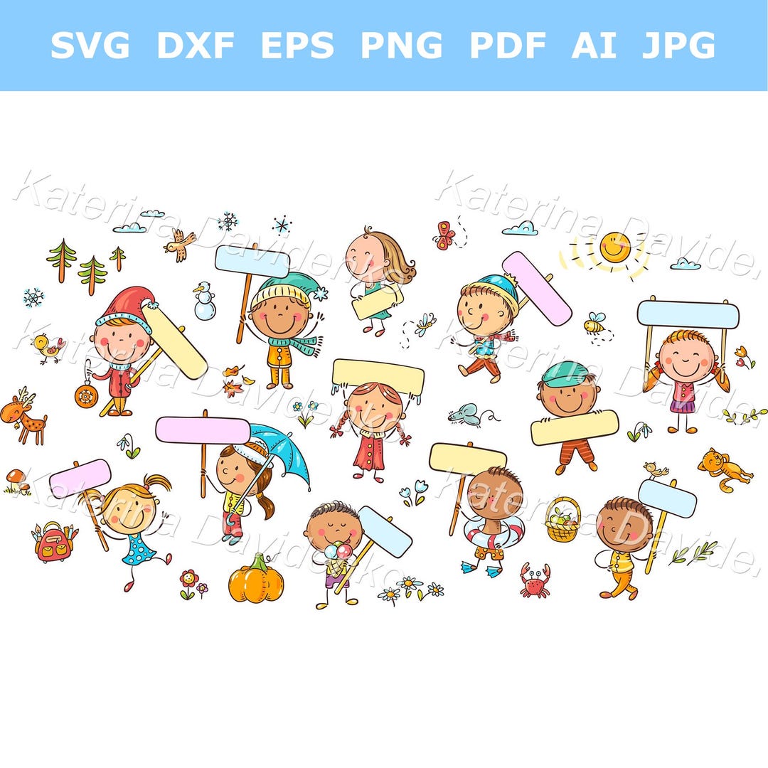 Cartoon Kids Holding Blank Signs, Isolated Doodle Kids Clipart Set ...