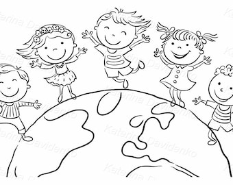 World With Children Clipart Black And White