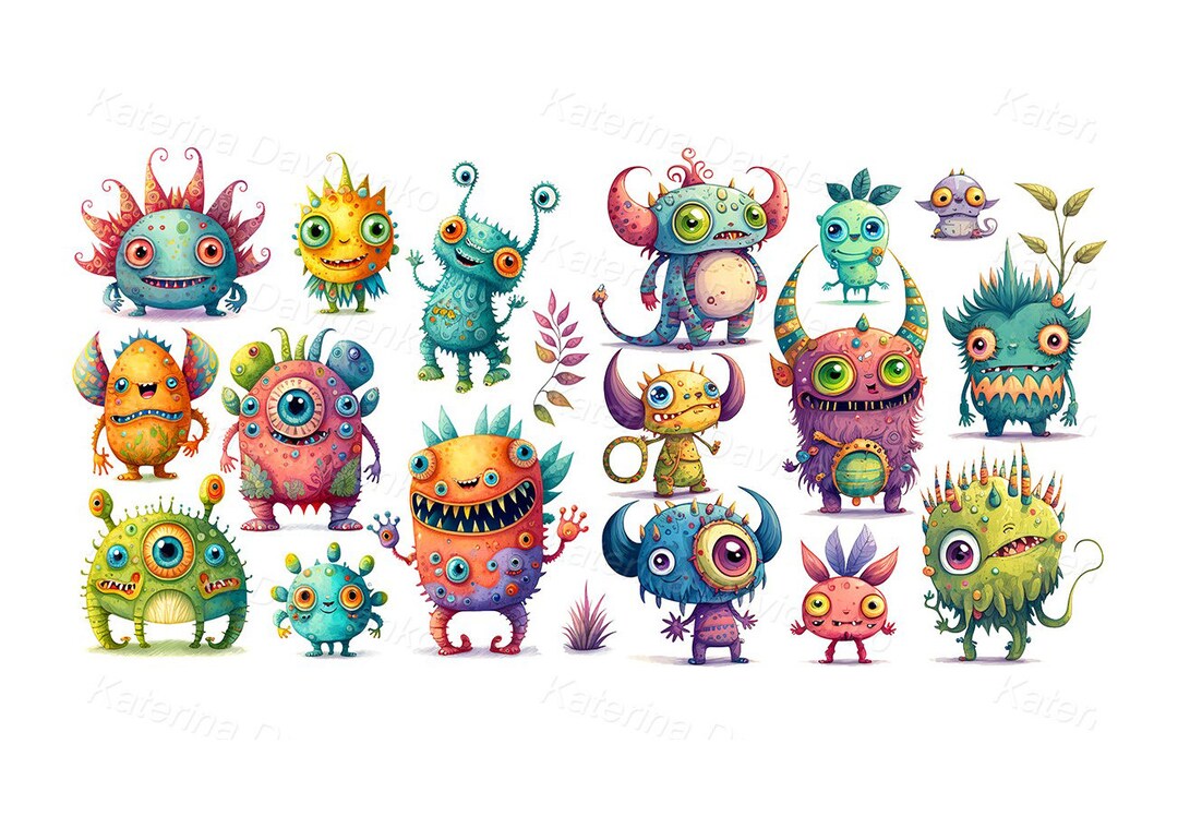 Clipart Set of Cute Cartoon Happy Monsters Colorful - Etsy