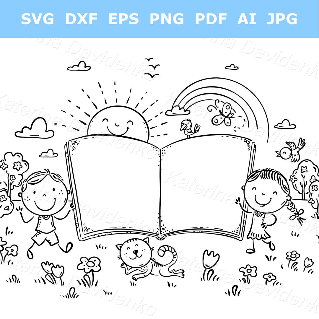 Black and White Clipart Kids With Book Frame. Stick Figure Children ...