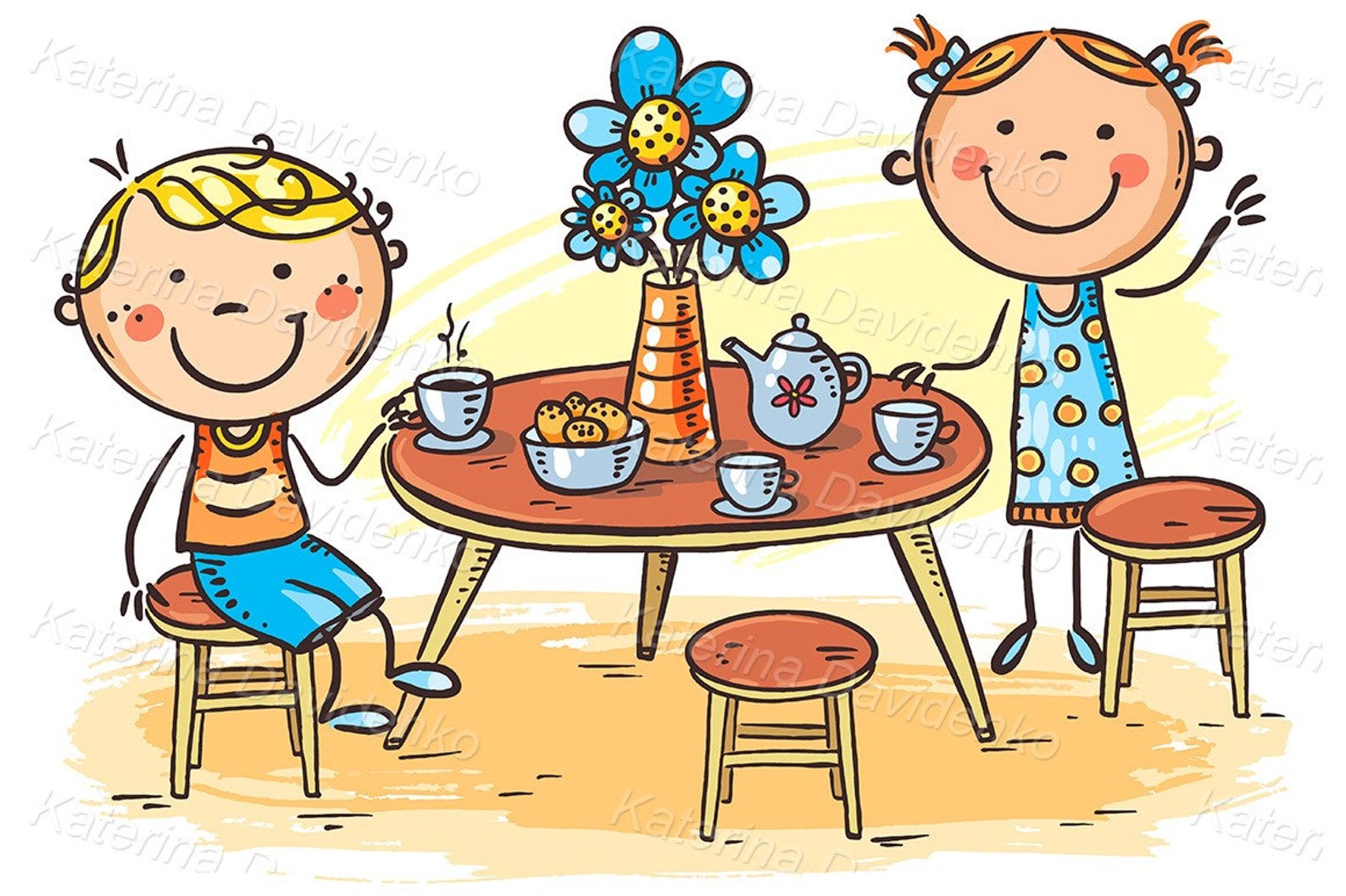 Doodle Cartoon Kids Clipart Boy and Girl Drinking Tea Kids - Etsy