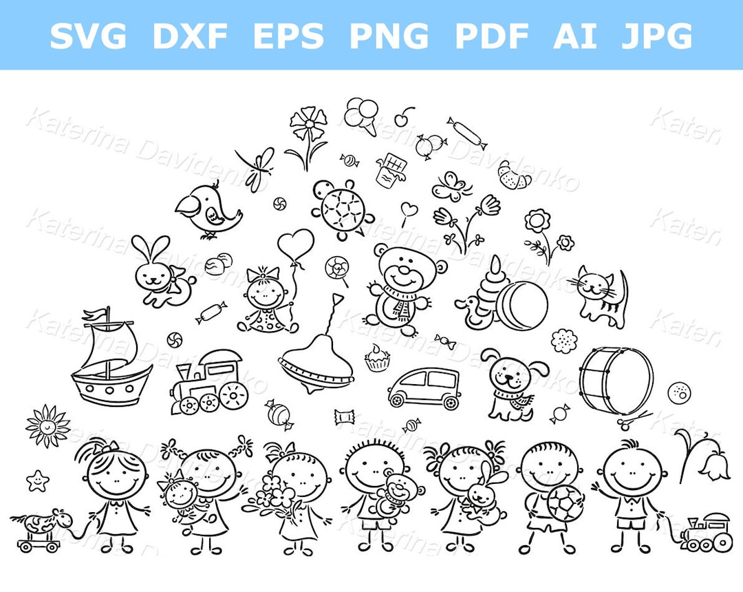 Happy Kids Outline Clipart Set. Cartoon Kids With Toys. Black and White ...