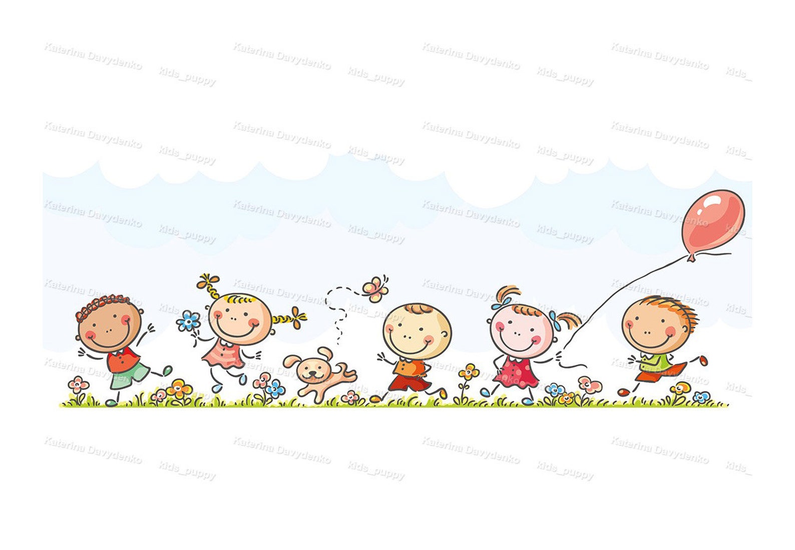 Happy Kids Playing on the Meadow. Children Clipart. Doodle - Etsy