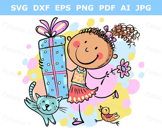 Cartoon Girl With Birthday Present Happy Girl Holding Giftbox. Full