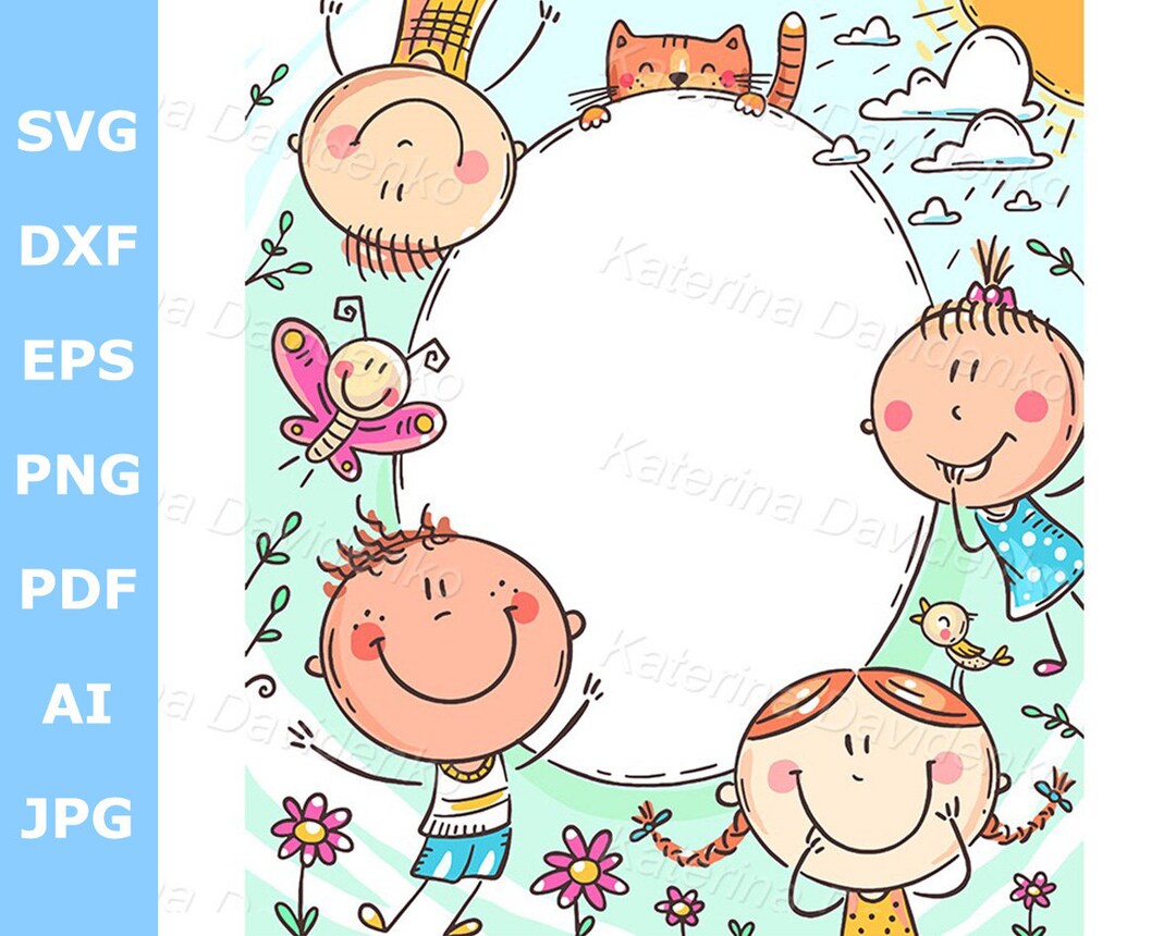Cartoon Children Clipart Oval Frame With Happy Doodle Kids With a Copy ...