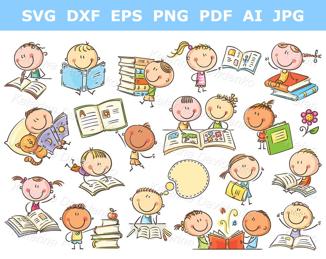 Cartoon Doodle Kids With Books Clipart Set Child's - Etsy