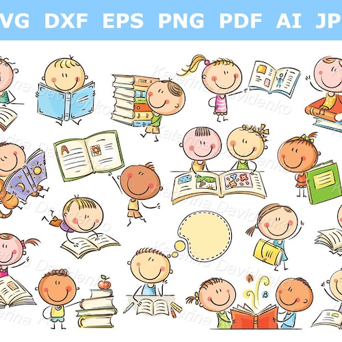 Cartoon Doodle Kids With Books Clipart Set Child's - Etsy
