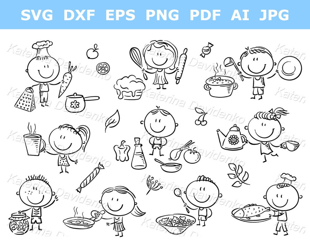 Cartoon Kids Cooking Outline Clipart Set. Children Cooking Food Clipart ...
