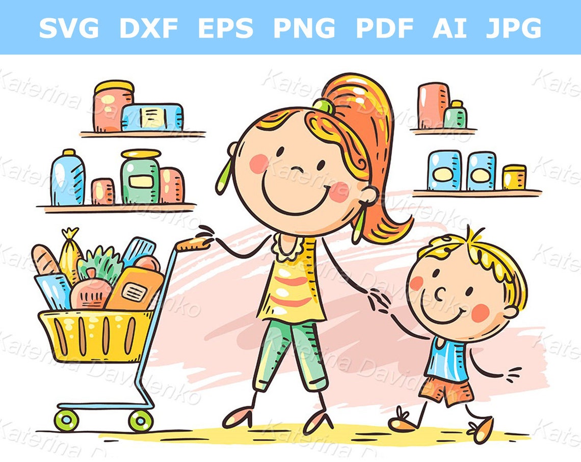 Family Shopping Clipart. Cartoon Doodle Mom and Son at - Etsy